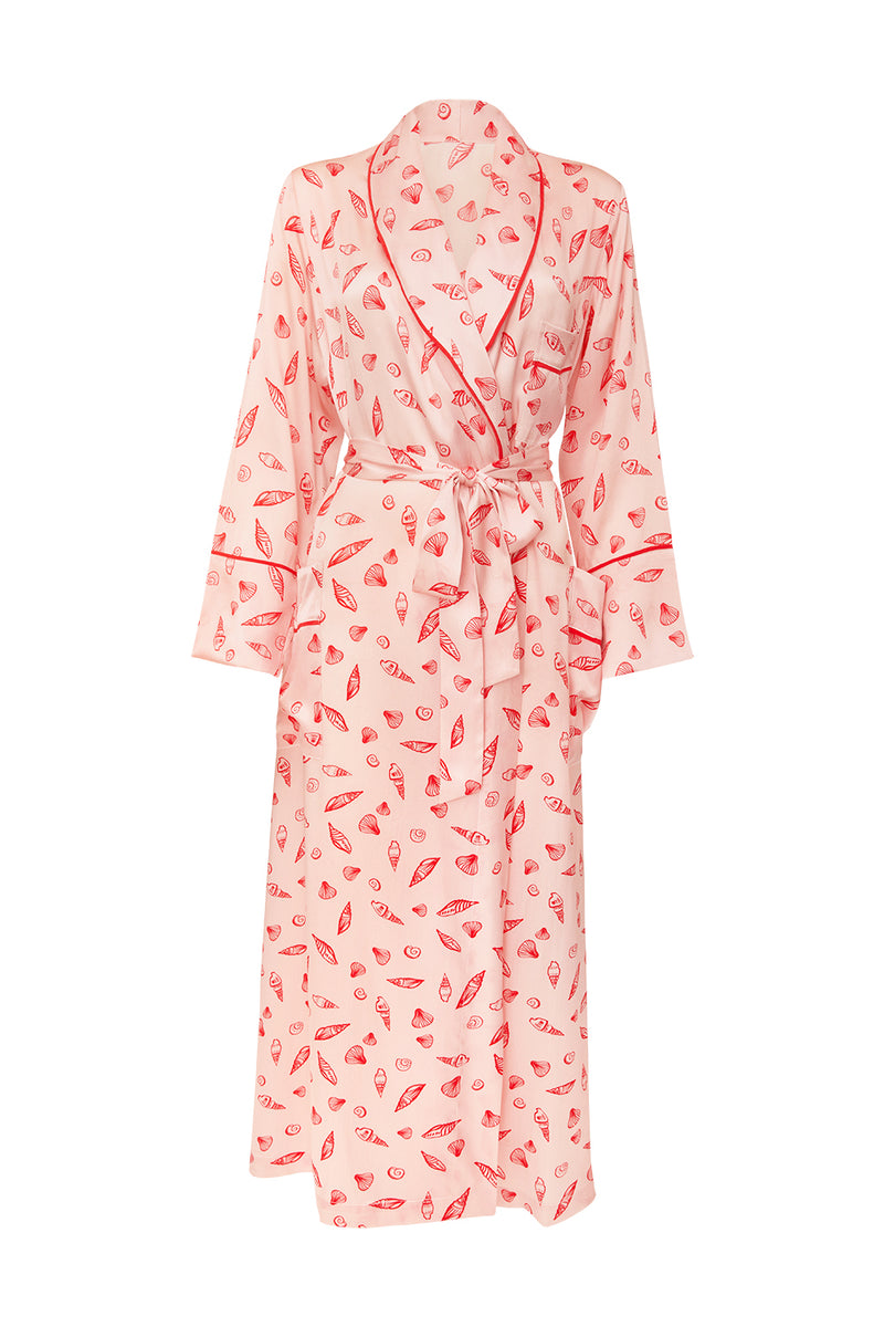 Ainsley Classic Long Red Shell Print Silk Robe | Hesper Fox