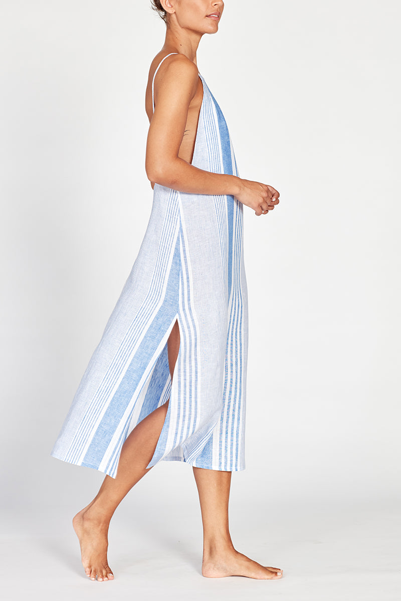 Pomona Linen Dress in Blue/White | Hesper Fox