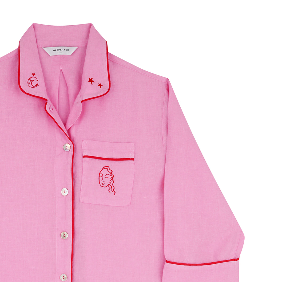 Embroidered Aubrey Pink Linen Pyjama Set | Hesper Fox