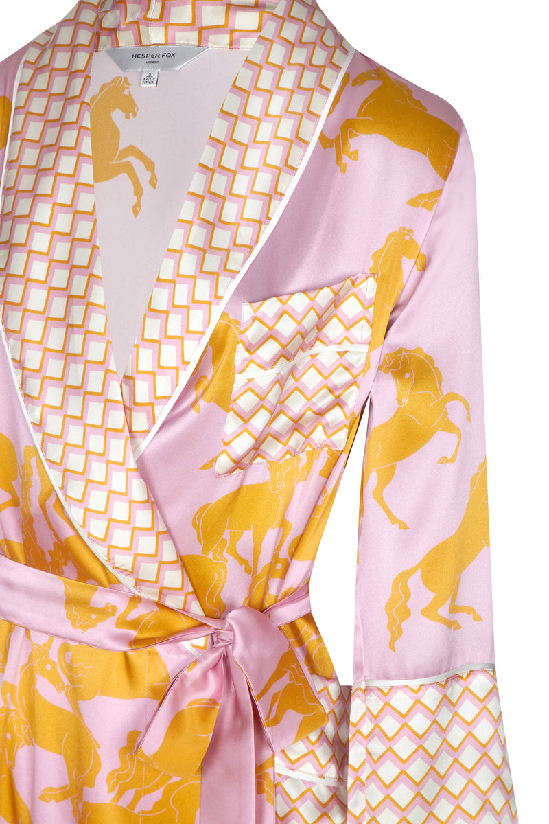 Ainsley Long Silk Robe - Camargue Pink Horse Print – Hesper Fox