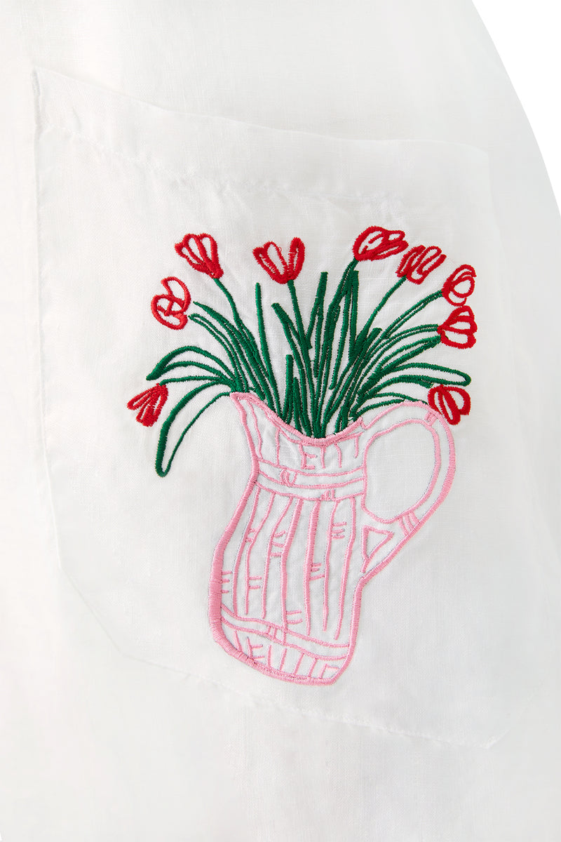 Embroidered White Linen Apron - Jug of Flowers | Hesper Fox